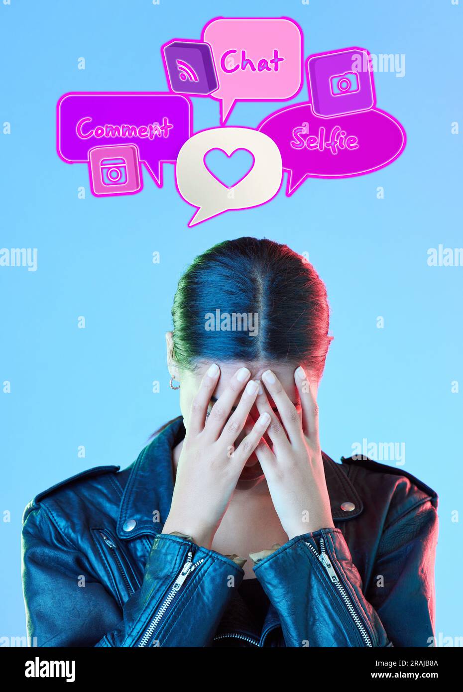 Woman, speech bubble and anxiety in studio, thinking and overwhelmed ...