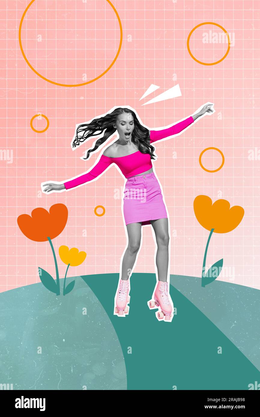 Collage full body photo of funky young woman riding rollerblades ...