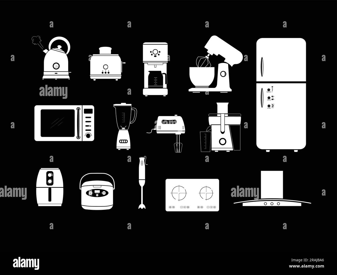 Kitchen appliance set silhouette flat vector. Set of 14 kitchen electric utensil icons on black ...