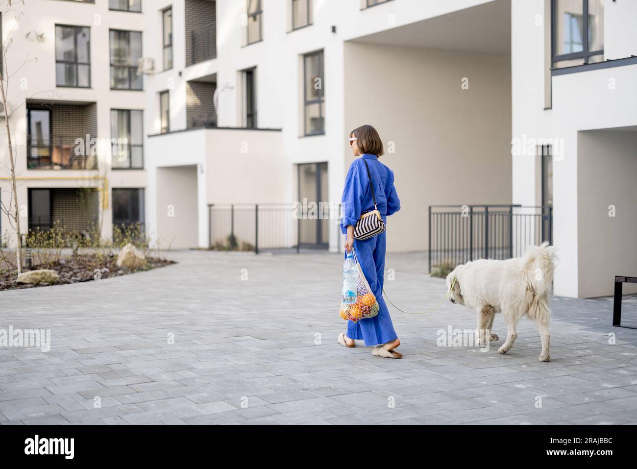 Woman carrying meshbag with fresh groceries while walking home with her ...