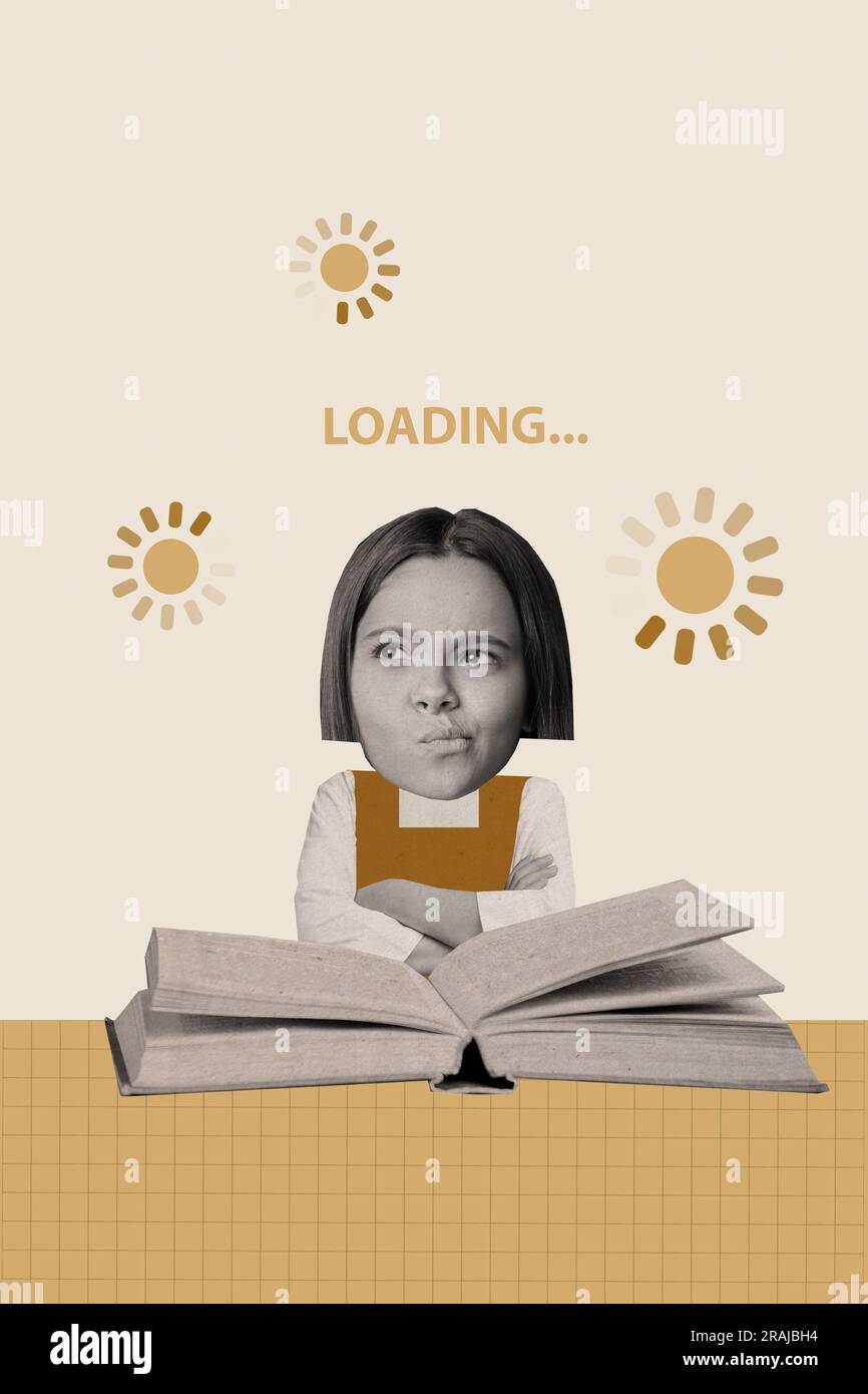 Vertical photo collage of cute small schoolkid girl dont want to study hate reading look side ...