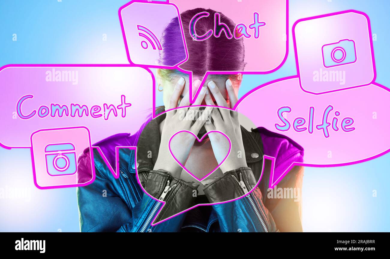 Young woman, speech bubble hologram or thinking with social media ...