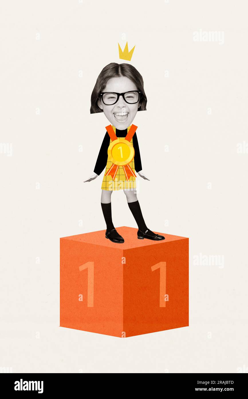 Vertical photo collage of world book day winner schoolgirl standing on ...