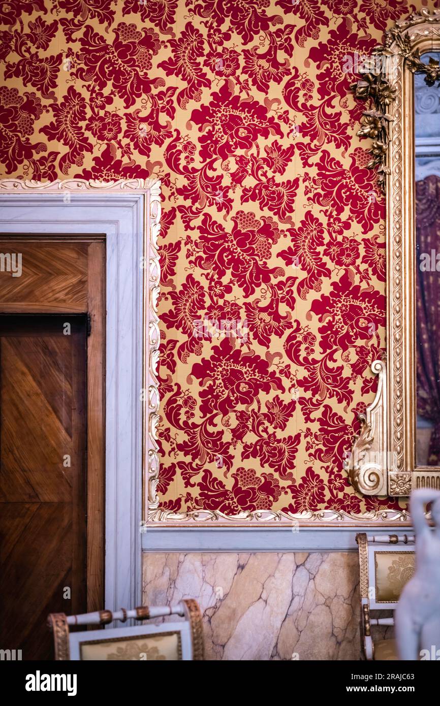 Detail of an interior with bright decorative wallpaper Stock Photo - Alamy