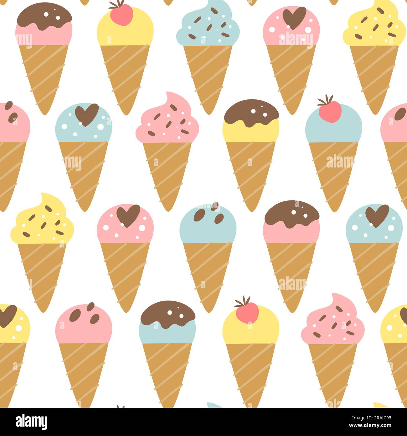 Cute Ice Cream Cones Seamless Pattern With Different Toppings And Sweet