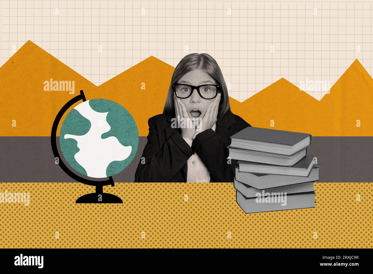 Photo collage little in stupor girl pupil have big homework task lot to ...