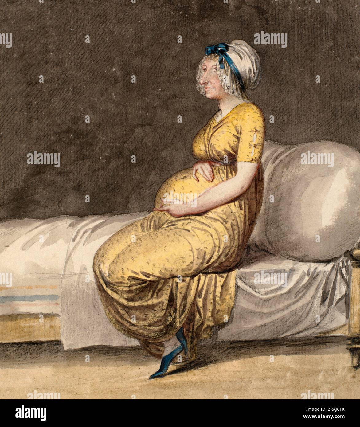 Caricature of a Pregnant Woman Sitting on the Edge of a Bed, Pregnancy ...
