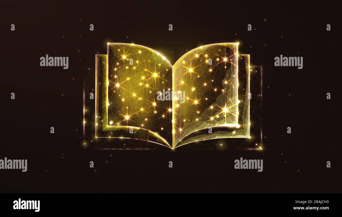 Abstract golden magic book with stars on a dark background. Magic or ...