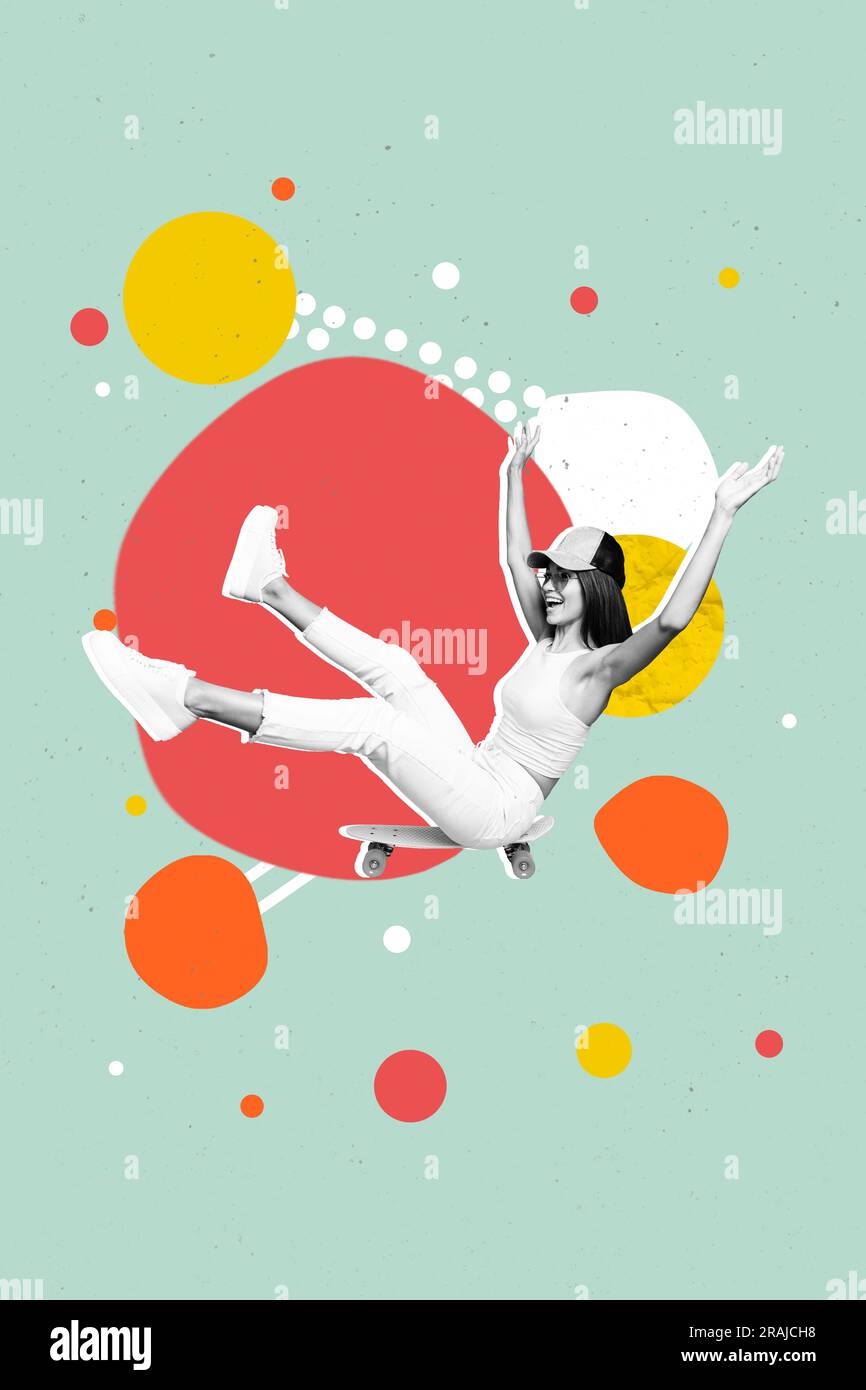 Placard collage poster of positive girl riding skateboard have fun ...