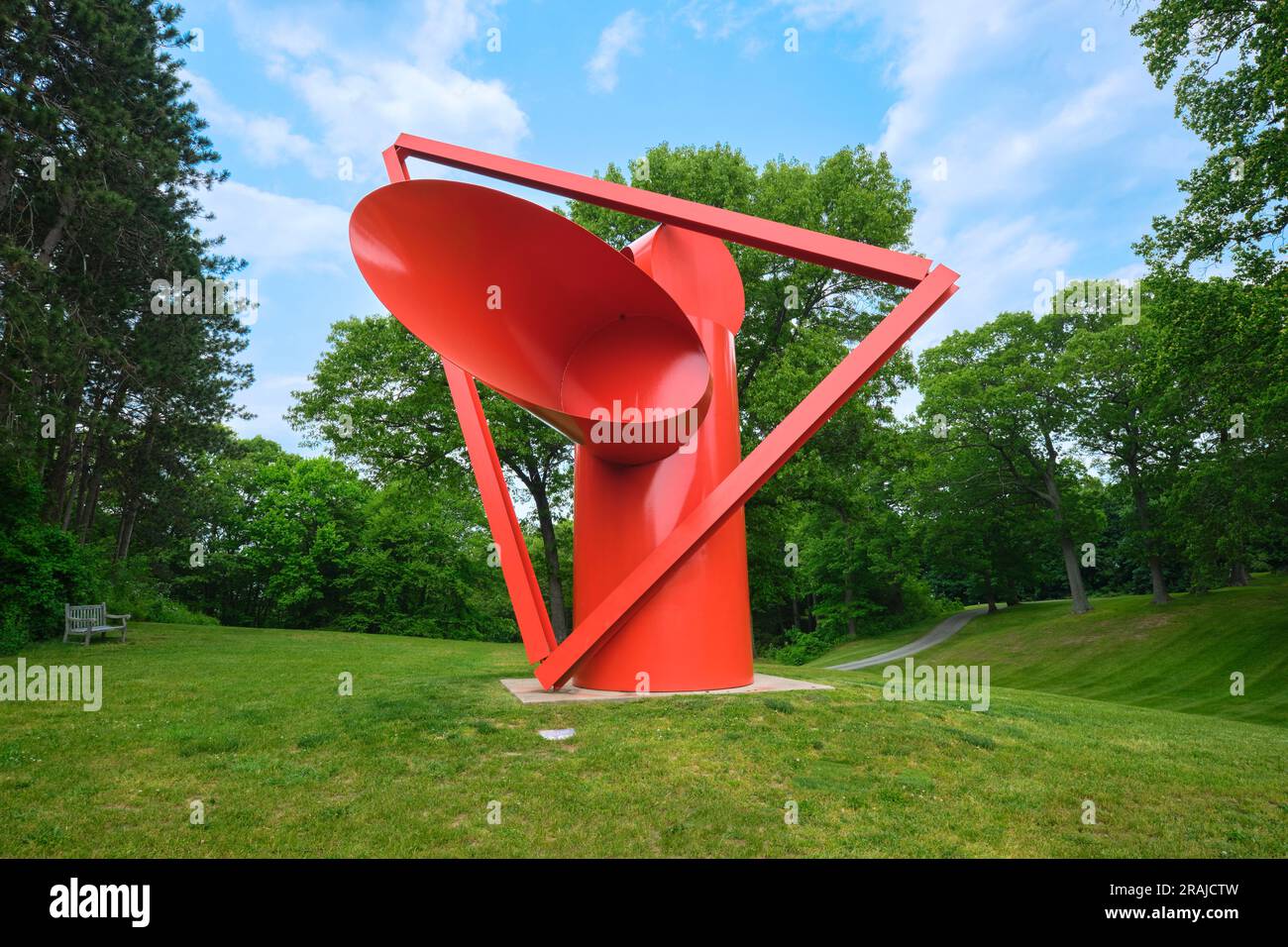 A large, red painted, curved sculpture titled Adam by Alexander ...