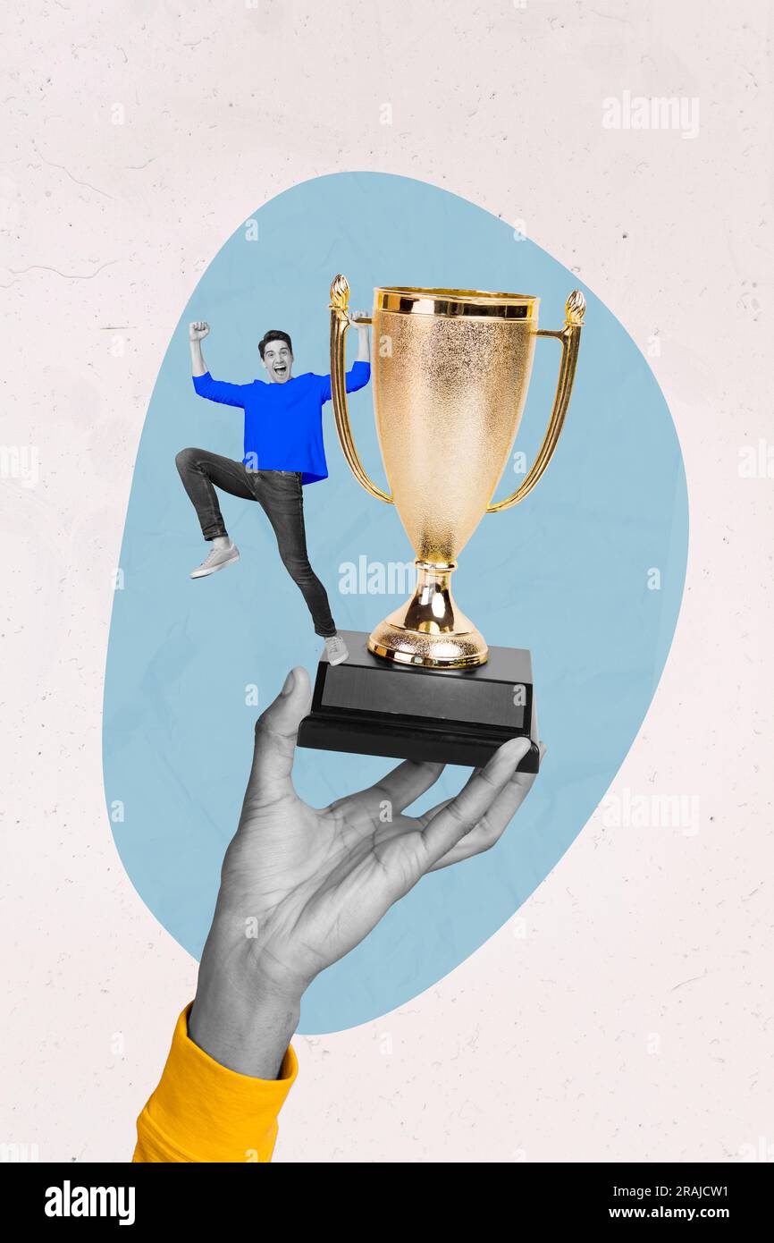 Vertical creative composite photo collage of satisfied ecstatic man win ...