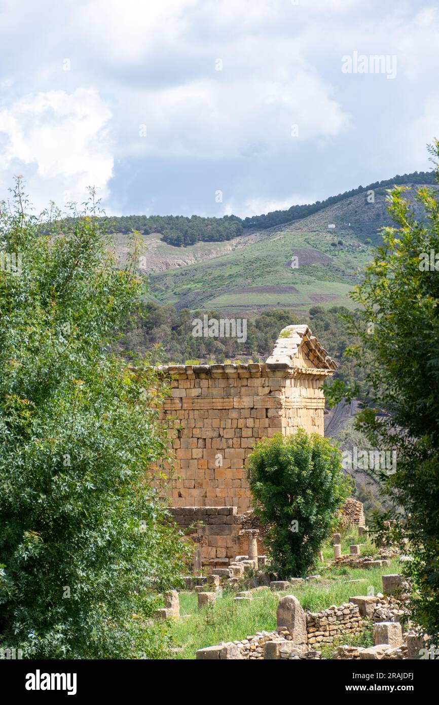 View of a Roman temple against the sky in the ancient city of Cuicul ...