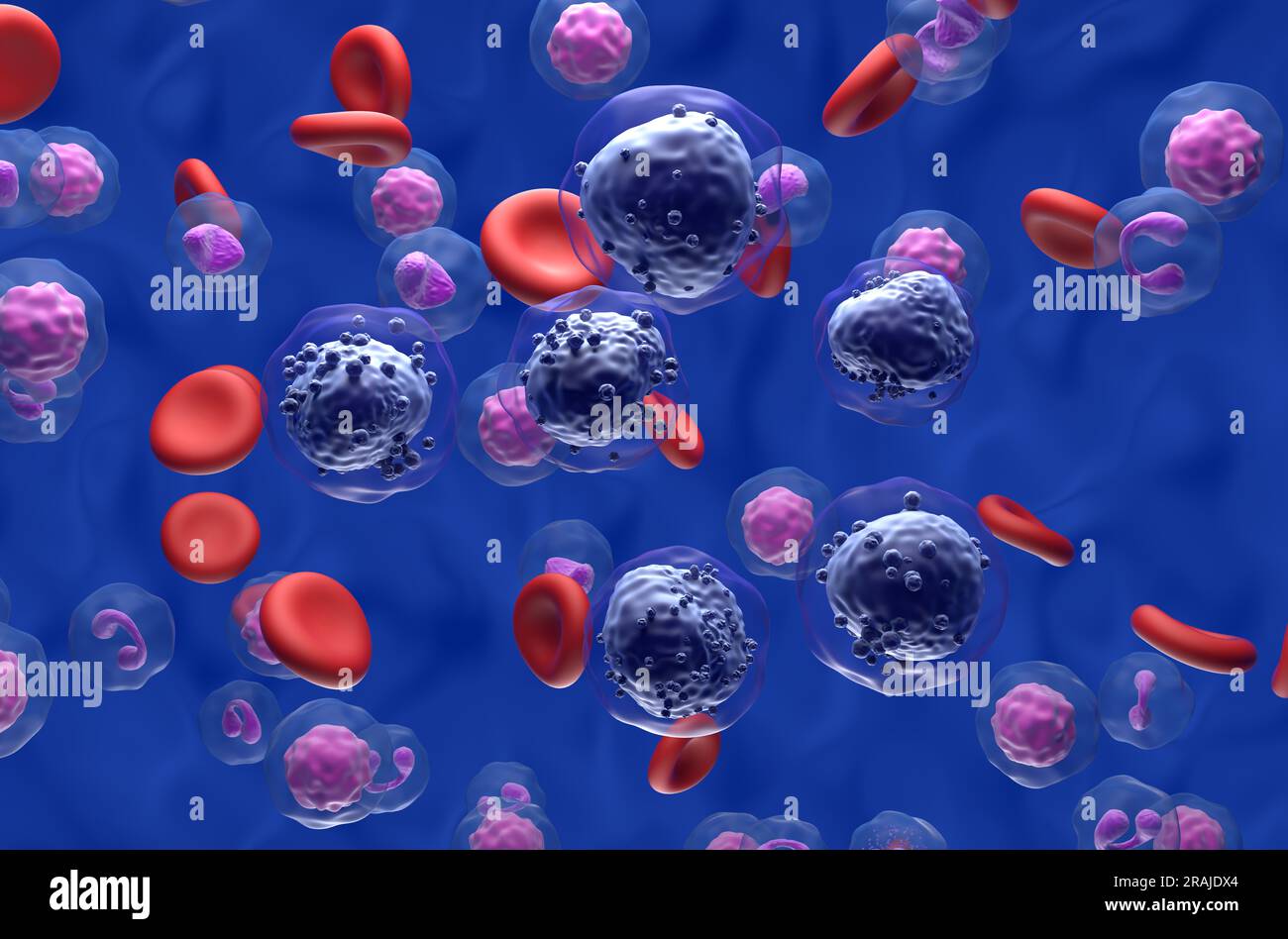 Acute myeloid leukemia (AML) cells in blood flow - isometric view 3d ...