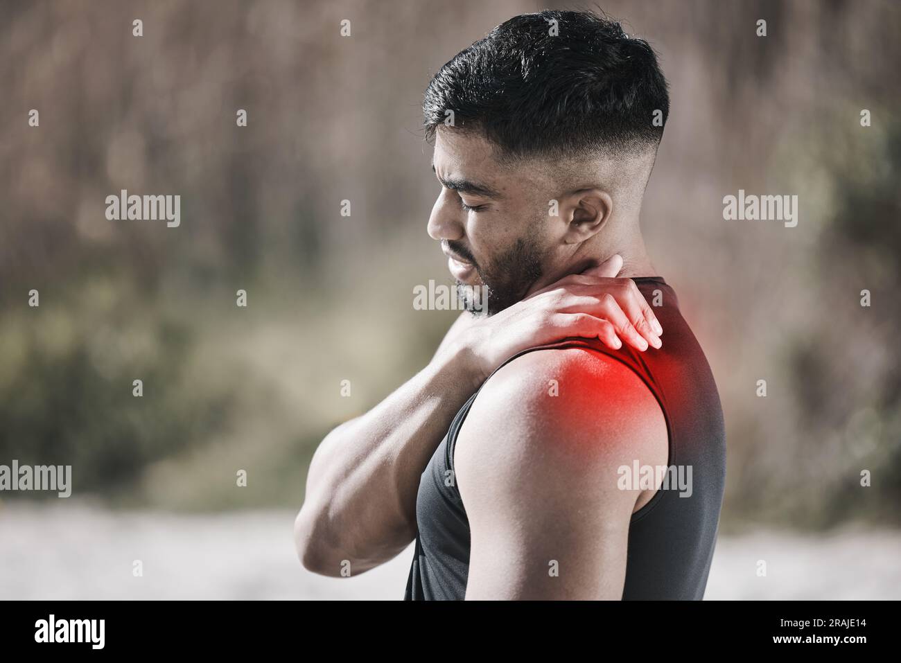Shoulder pain, red and man in fitness or workout injury, sports risk or ...