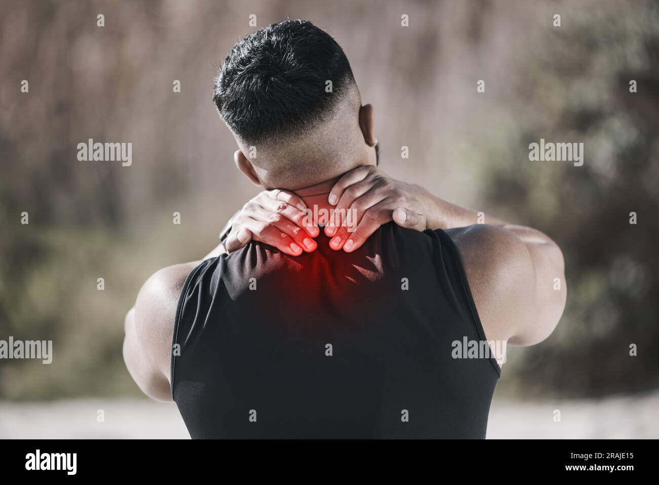 Back pain, red and man for fitness or exercise injury, sports risk or ...