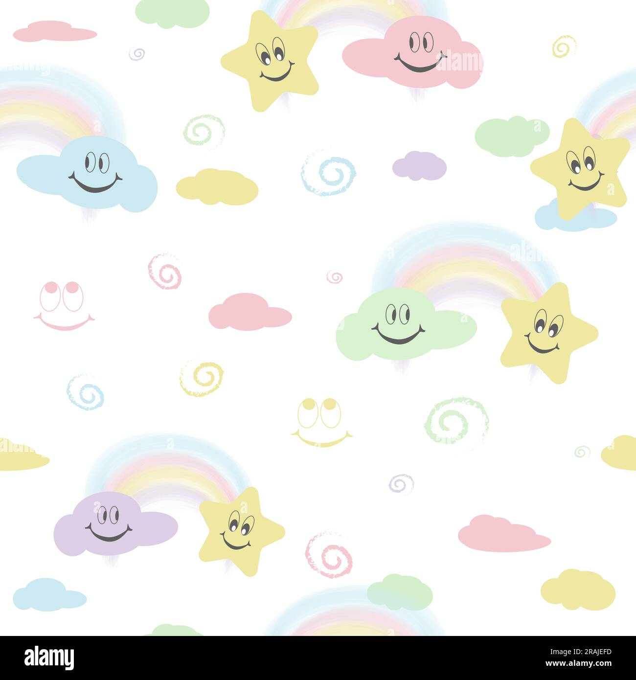 Cheerful children's seamless pattern with a rainbow, stars, clouds ...