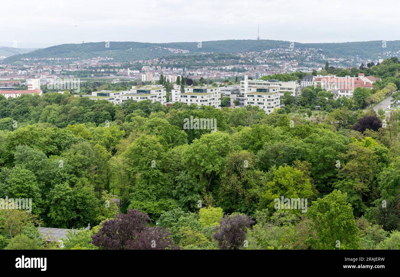 aerial panoramic cityscape with green lush vegetation of city park and ...