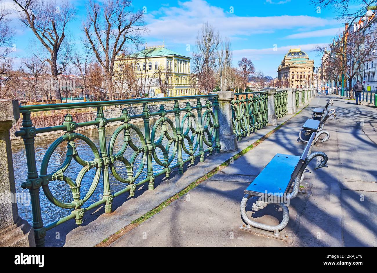 The line of benches on Masaryk Embankment of Vltava River, Prague ...