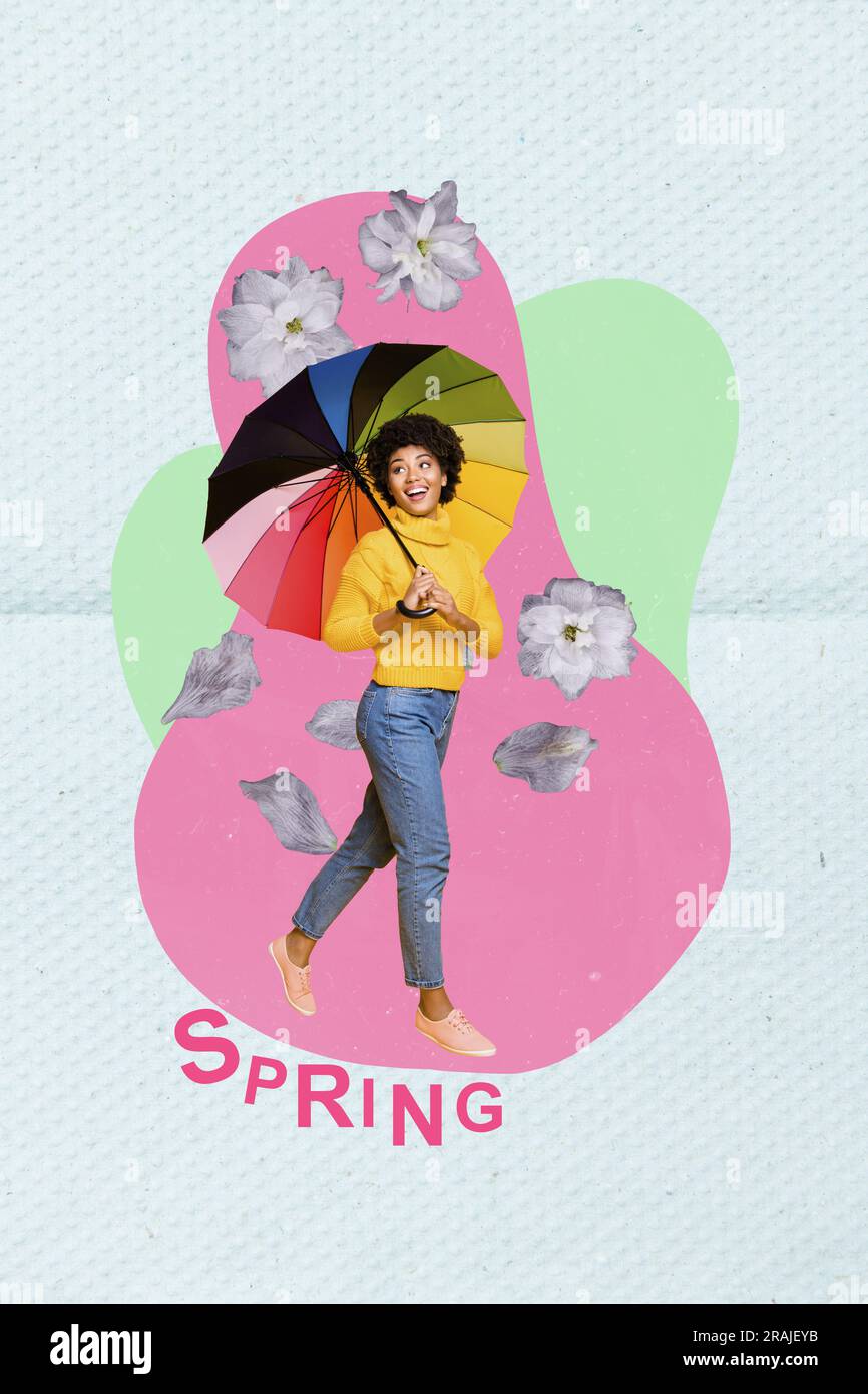 Vertical collage image of positive excited girl hold umbrella walking ...