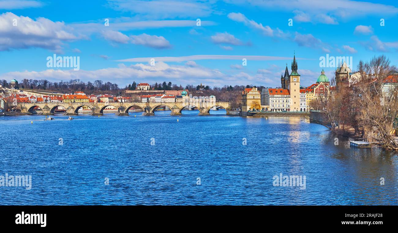 Vltava River embankment of Stare Mesto district with medieval stone ...