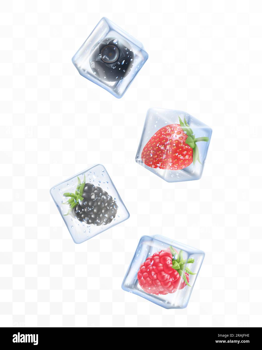 Raspberries, blackberries, strawberries and black currant in ice cubes ...