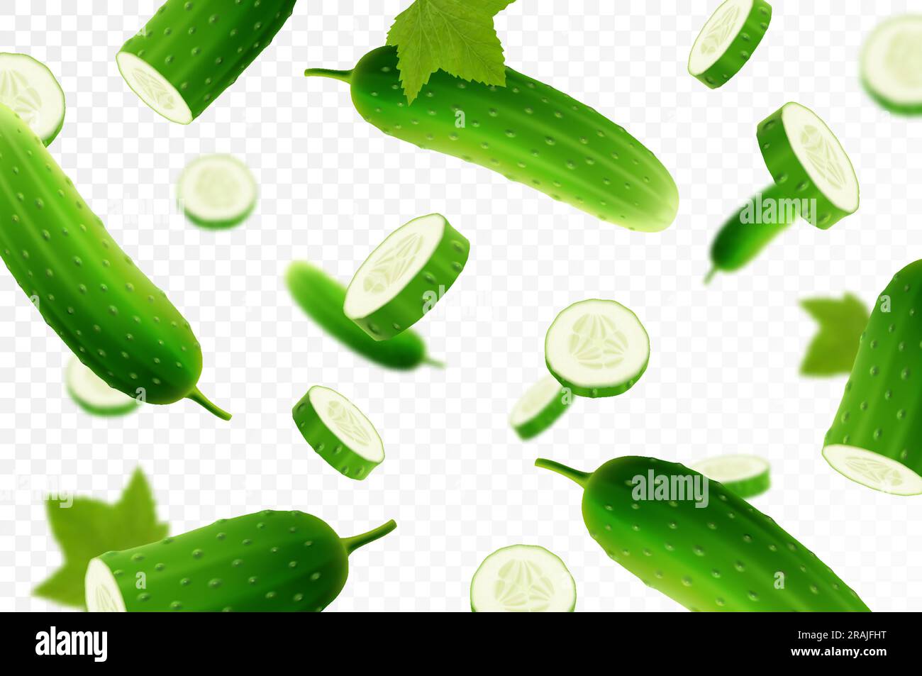 Flying cucumber. Falling cucumbers, whole and slices isolated on ...
