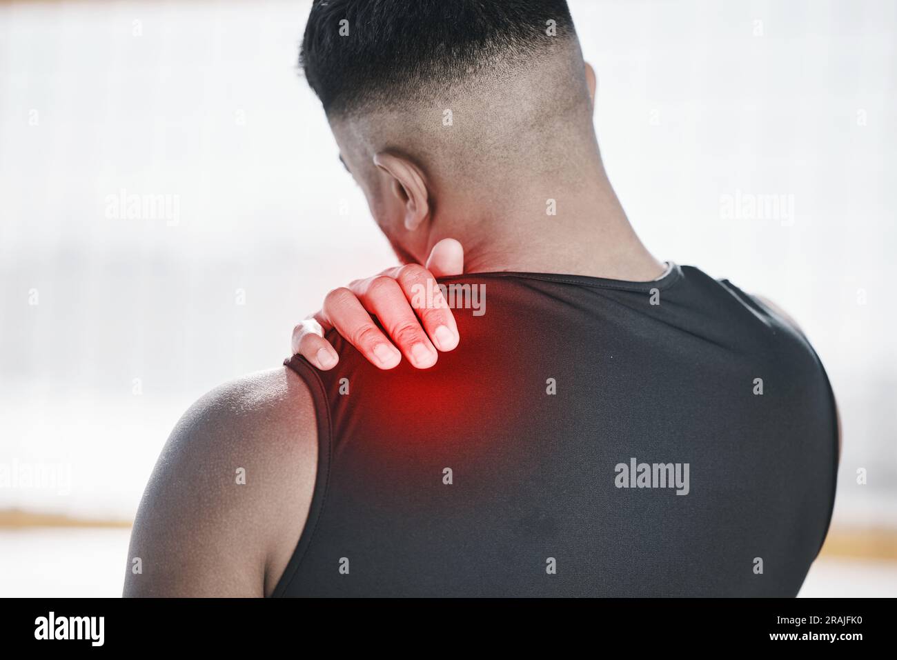 Man, neck pain and fitness, injury and red overlay, back and medical ...