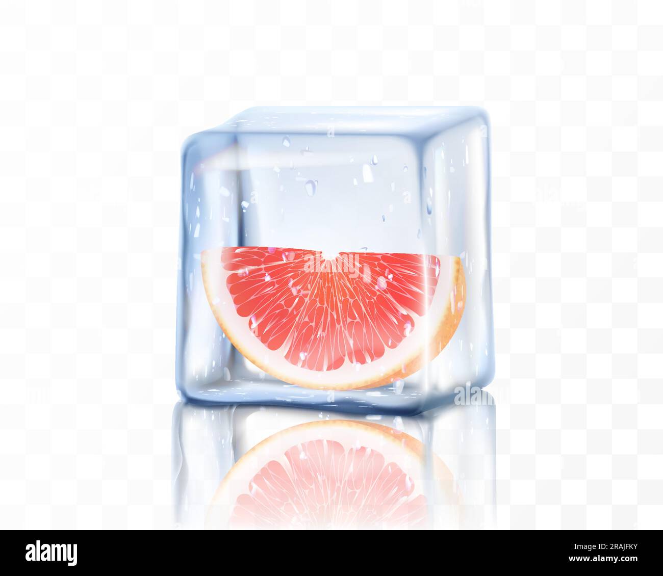 Fresh ripe grapefruit piece in ice cube isolated on transparent ...