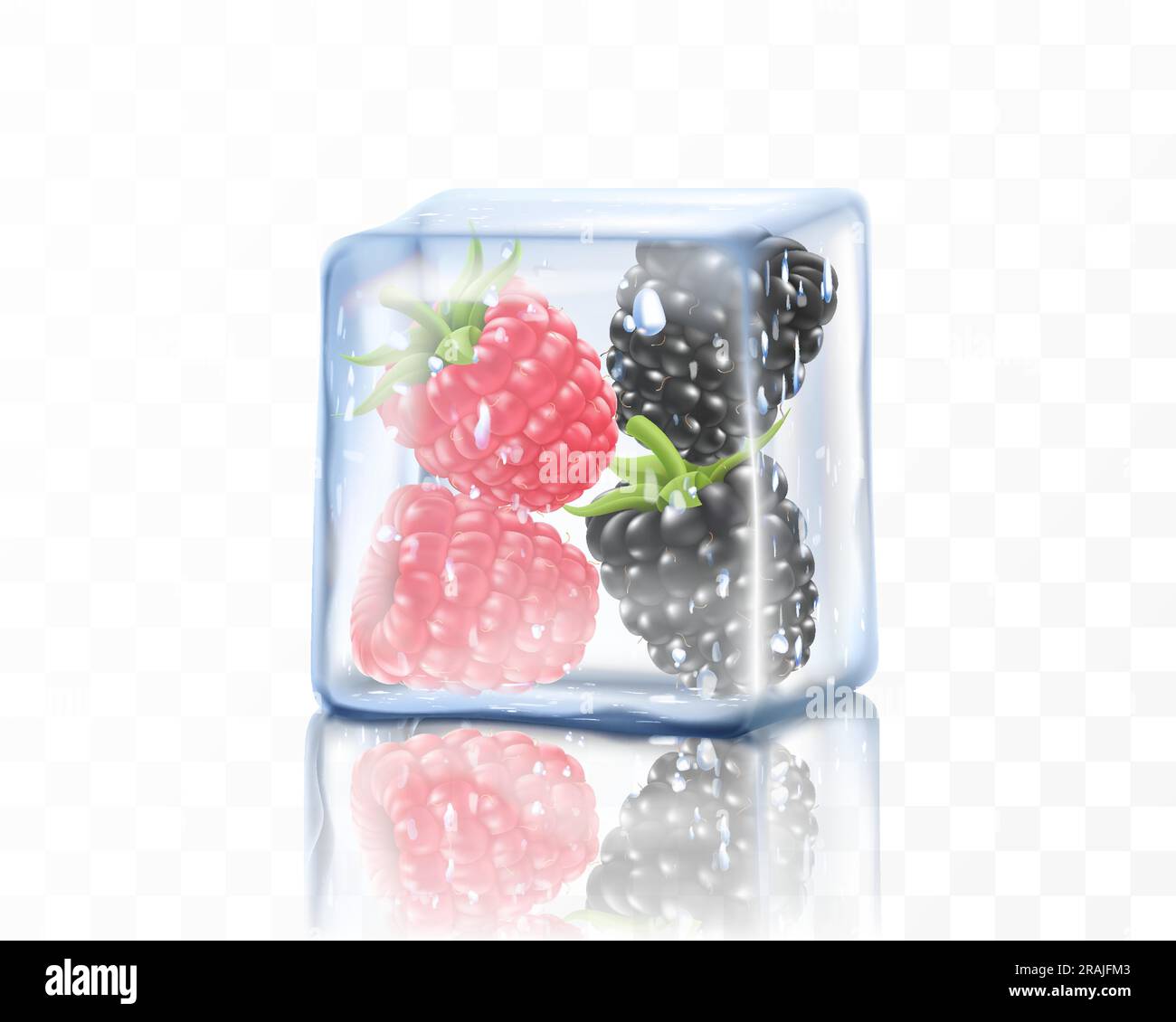 Fresh ripe raspberries and blackberries in big ice cube isolated on ...