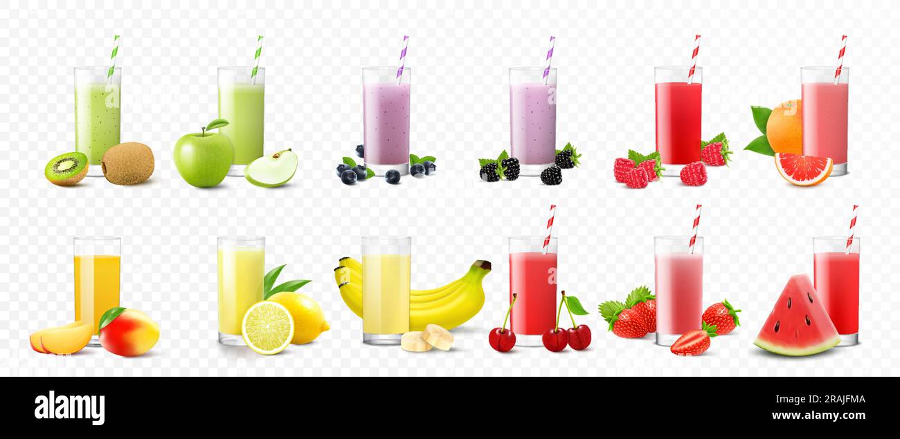 Set of milk shakes with cream in tall glass decorated with fruits of ...