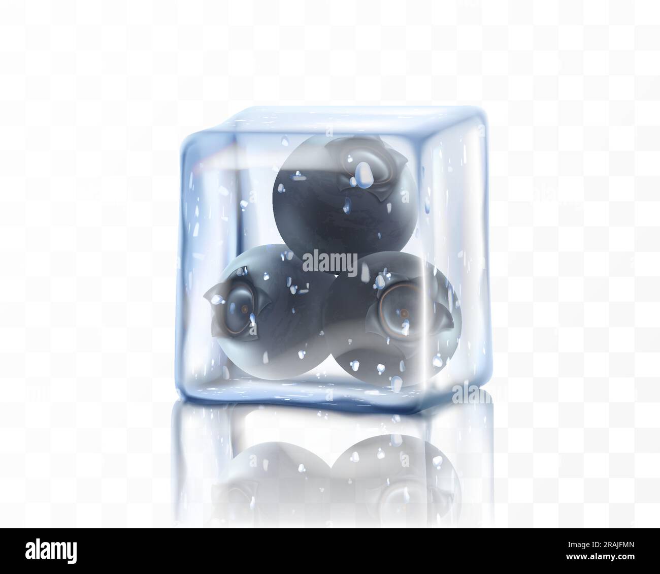 Fresh ripe blueberry in ice cube isolated on transparent background. Frozen blueberry, realistic ...