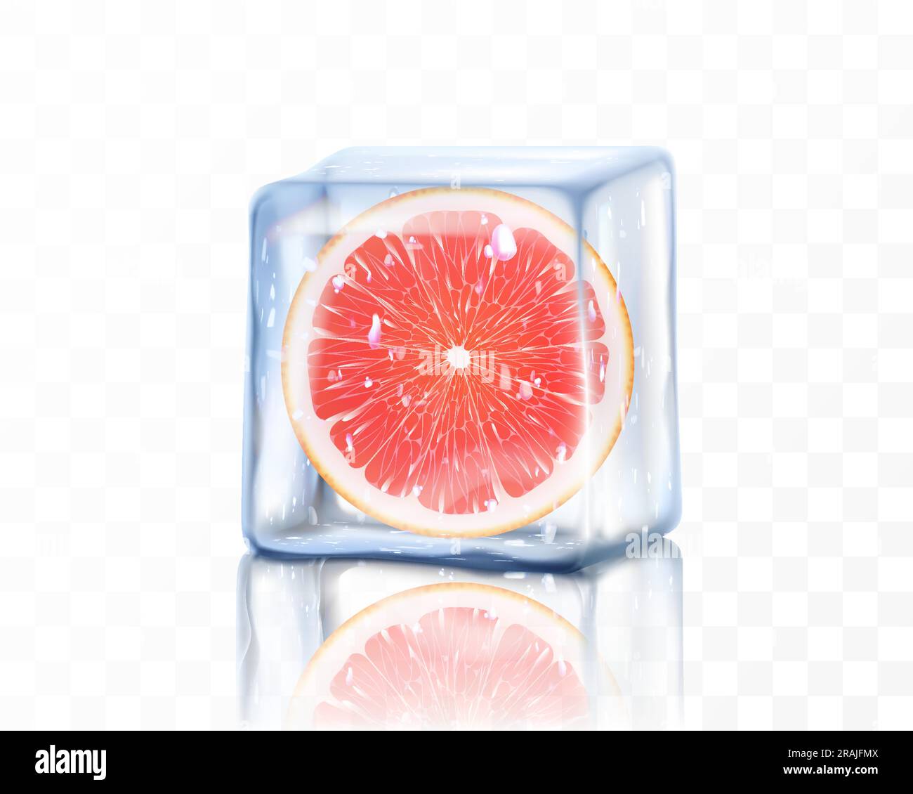 Fresh ripe grapefruit slice in ice cube isolated on transparent ...