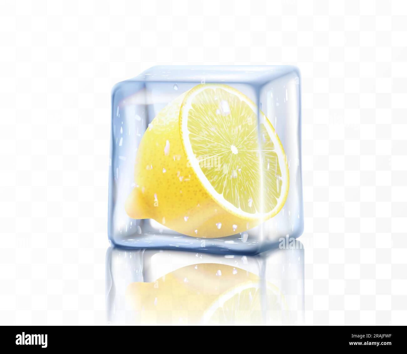 Fresh ripe lemon half in ice cube isolated on transparent background ...
