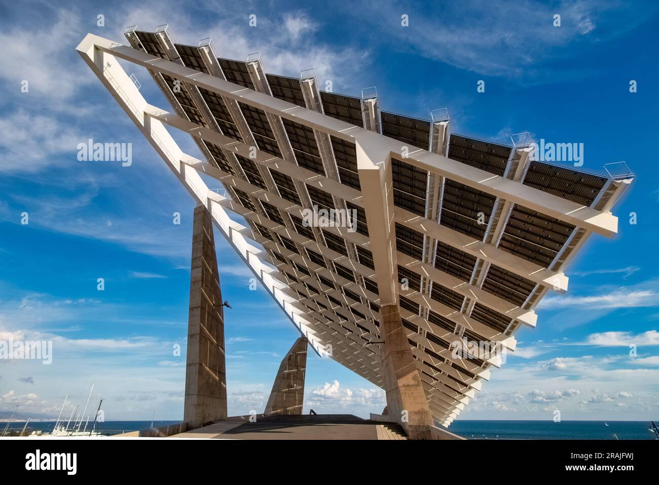 Solar panels pergola in Barcelona's Forum Harbor Port Stock Photo - Alamy