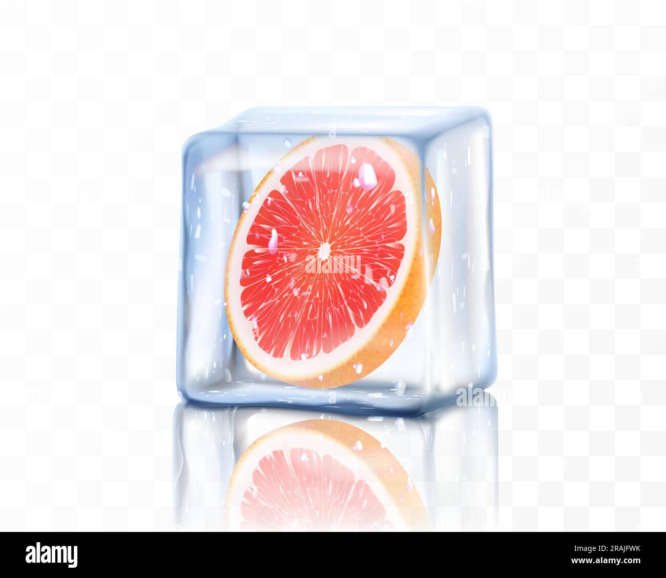 Fresh ripe grapefruit slice in ice cube isolated on transparent ...
