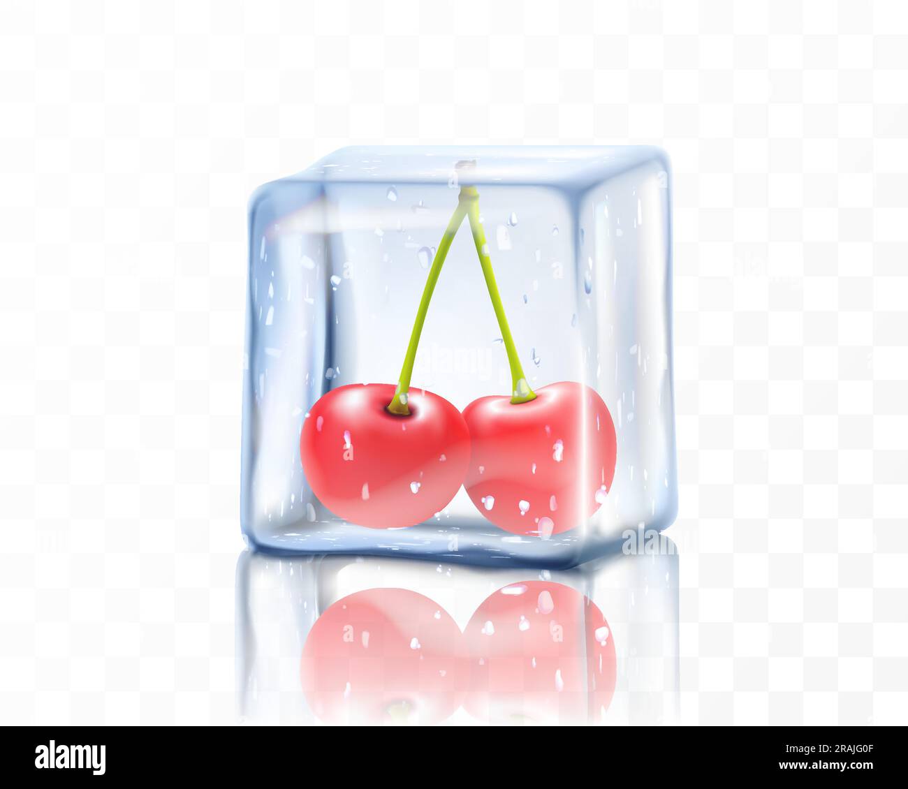Fresh ripe cherry berries in ice cube isolated on transparent ...