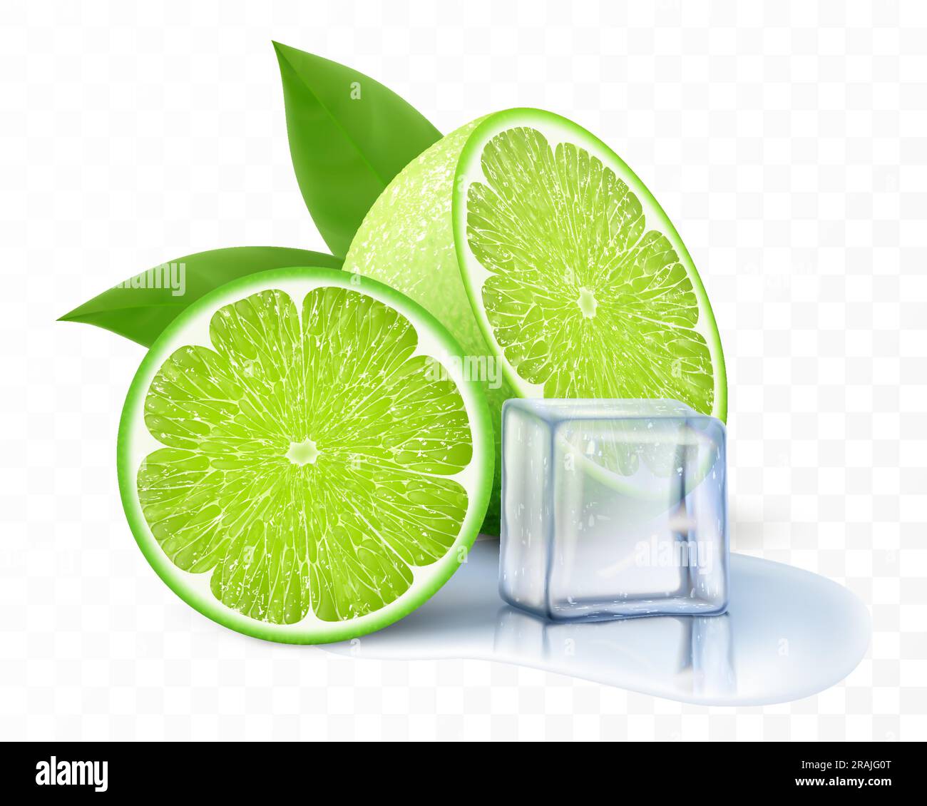 Fresh lime with an ice cube. Composition of elements lime with leaves, half lime, sliced lime ...