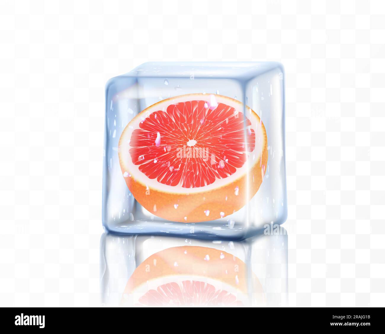 Fresh ripe grapefruit half in ice cube isolated on transparent ...