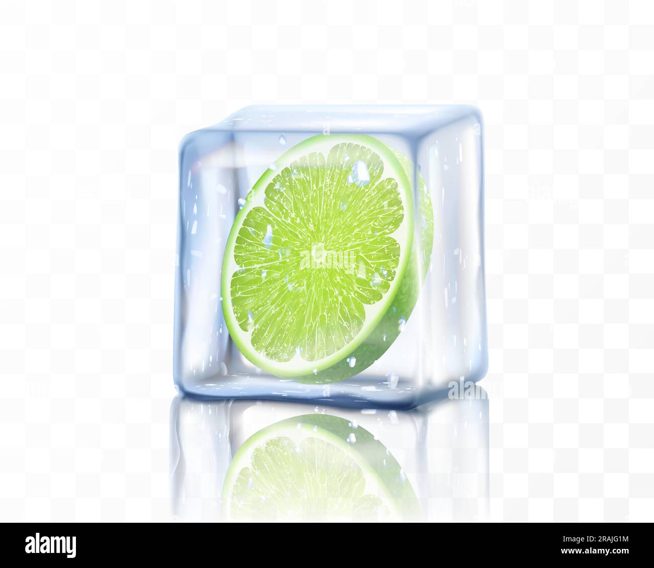 Fresh ripe lime slice in ice cube isolated on transparent background. Frozen piece of lime ...