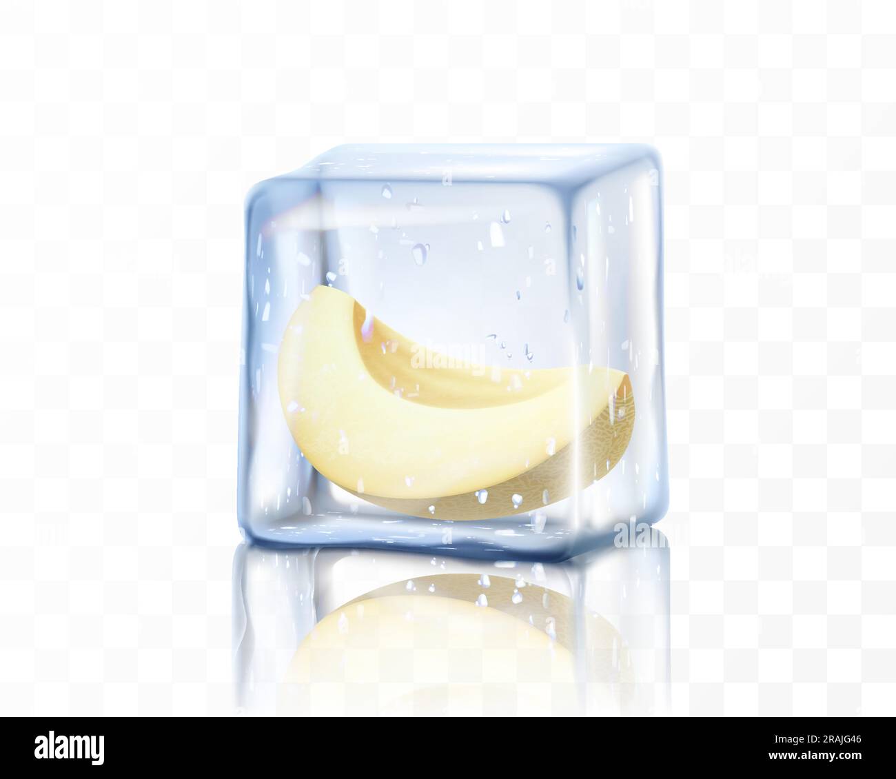 Fresh ripe melon half in ice cube isolated on transparent background. Frozen piece of melon ...