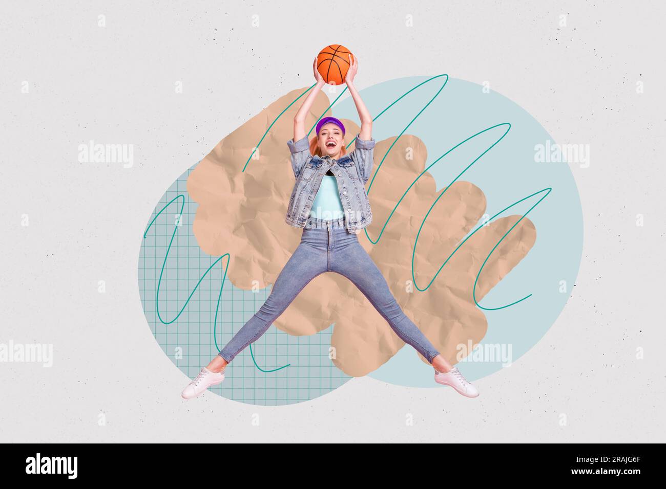 Magazine picture sketch collage image of smiling excited lady catching ...