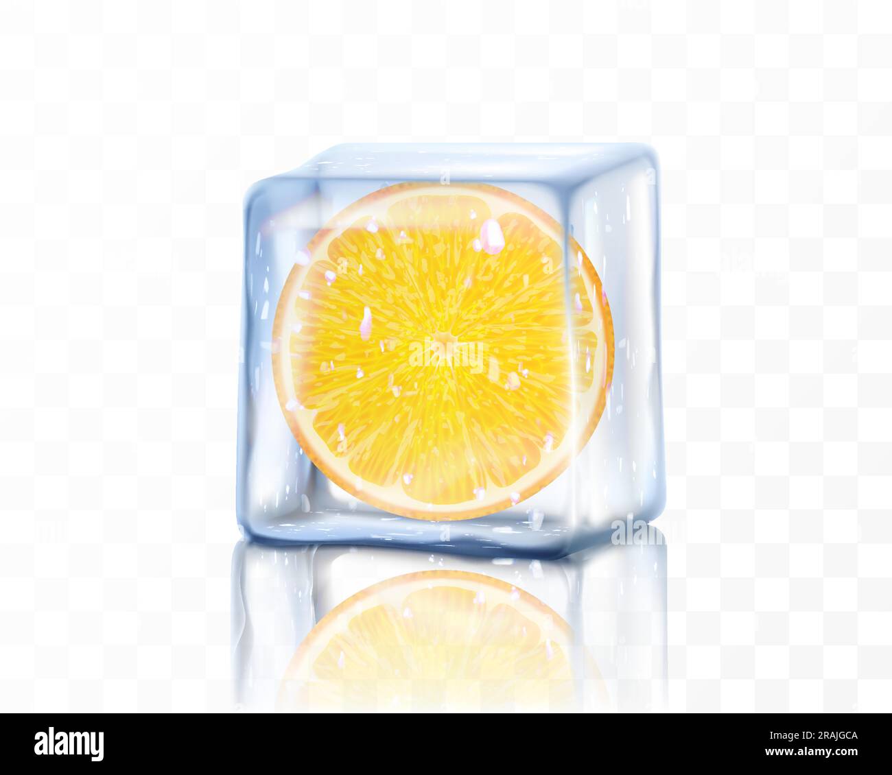 Fresh ripe orange slice in ice cube isolated on transparent background ...