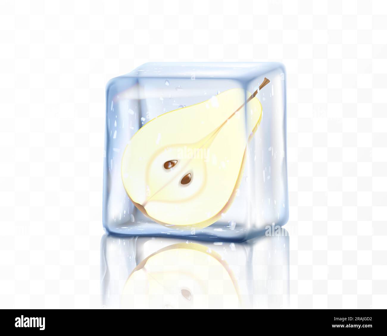 Half of a fresh ripe pear in an ice cube isolated on a transparent ...