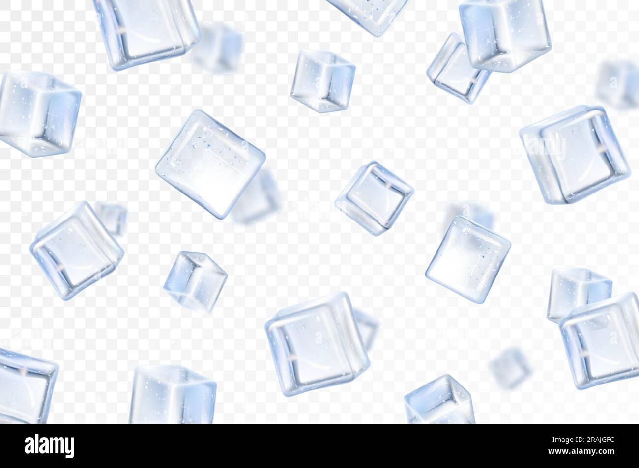 Falling ice cube, isolated on transparent background, selective focus ...