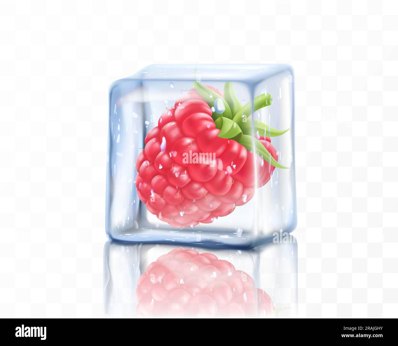 Fresh ripe raspberry in ice cube isolated on transparent background. Frozen red raspberry with a ...