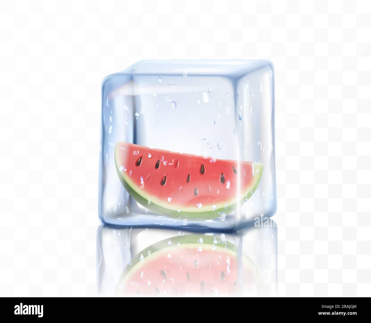 Fresh ripe watermelon half in ice cube isolated on transparent background. Frozen piece of ...