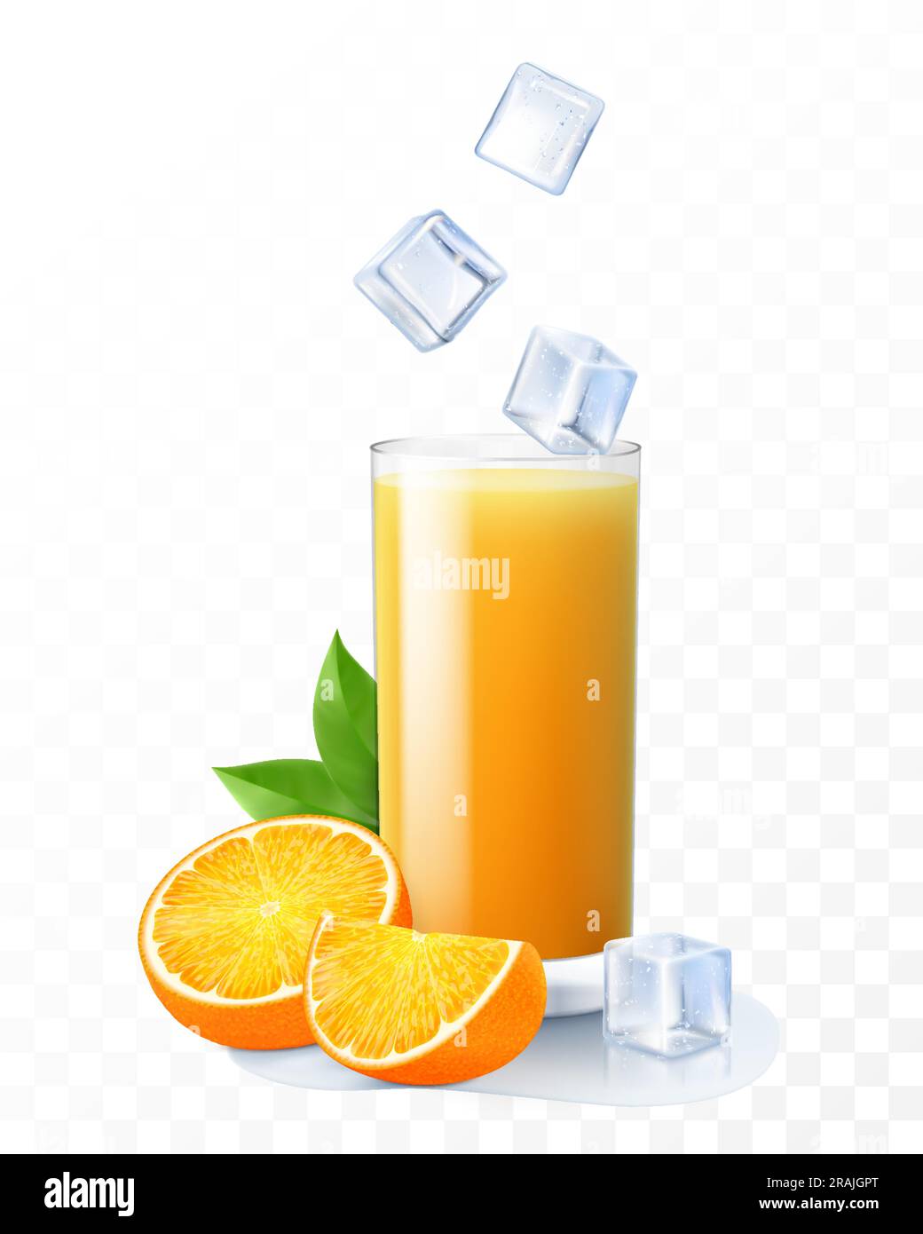 A glass of fresh orange juice with ice cubes falling into the glass ...