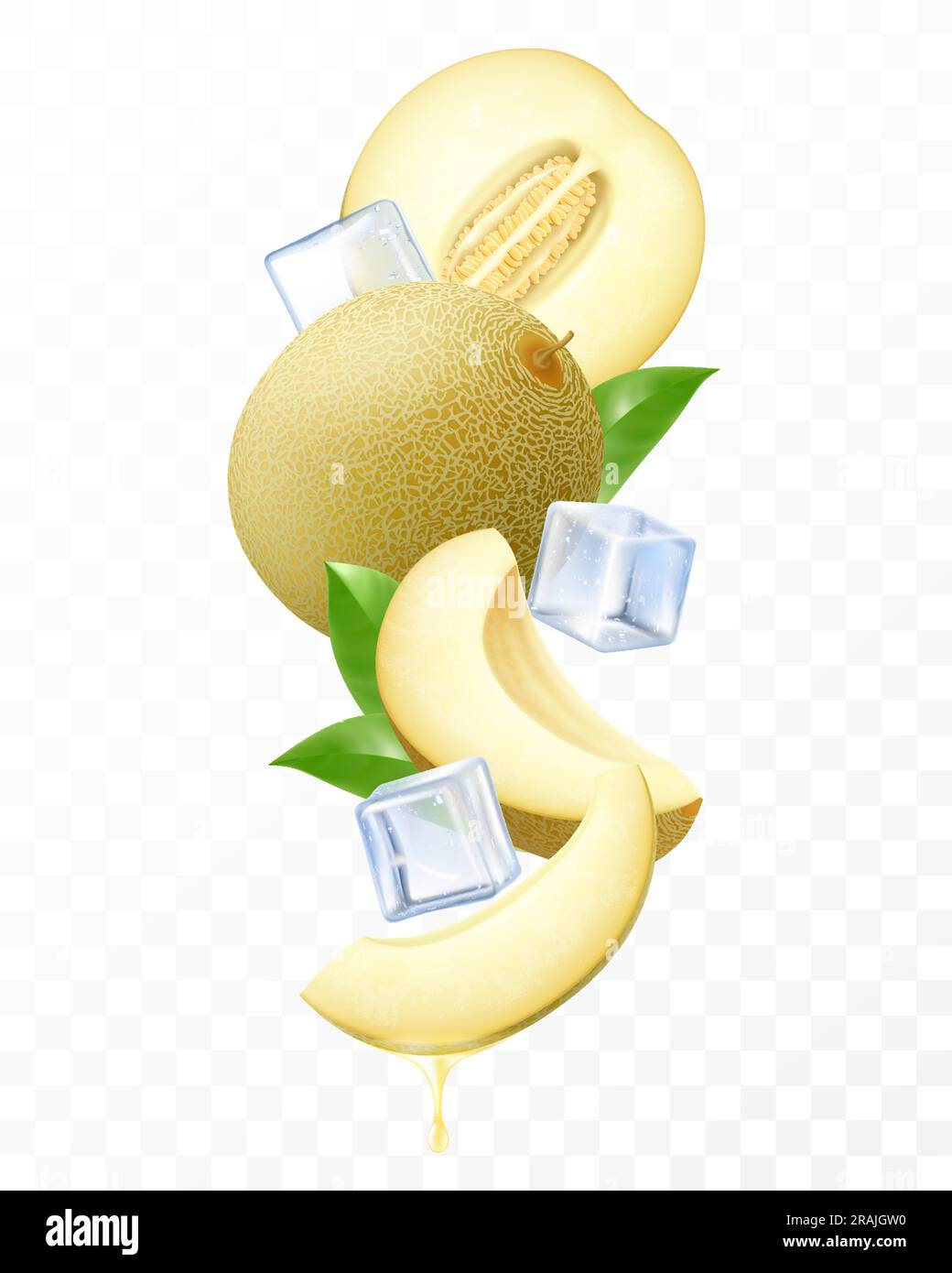 Fresh melon with ice cubes falling or flying. Composition of elements ...