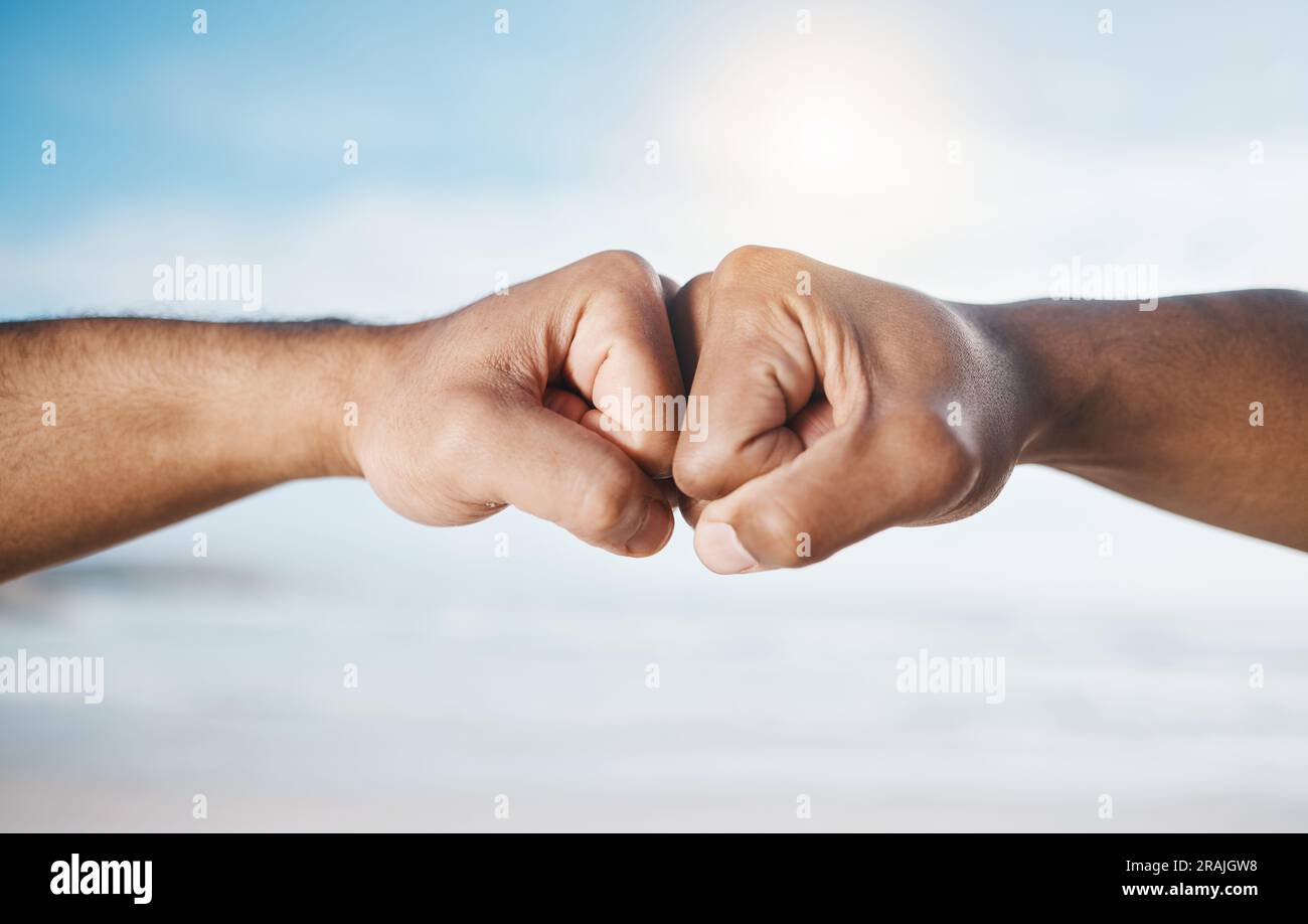 Man, hands and fist bump for partnership, unity or collaboration in ...