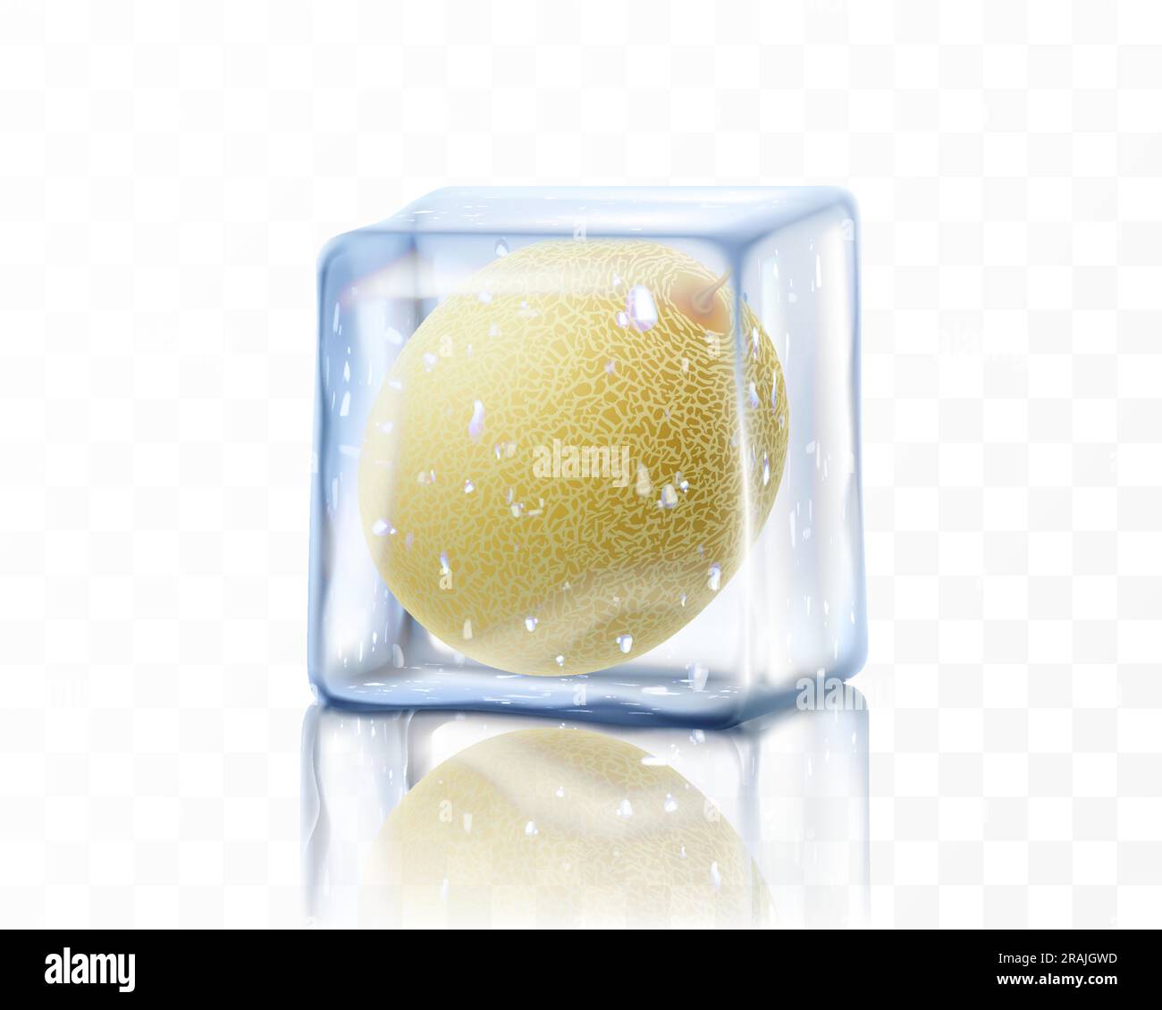 Fresh ripe melon whole in ice cube isolated on transparent background ...